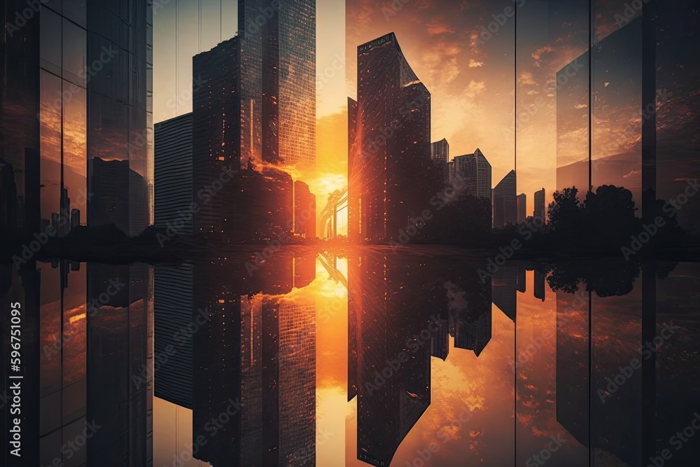 reflection of skyscrapers, with view of the sun setting behind them ...