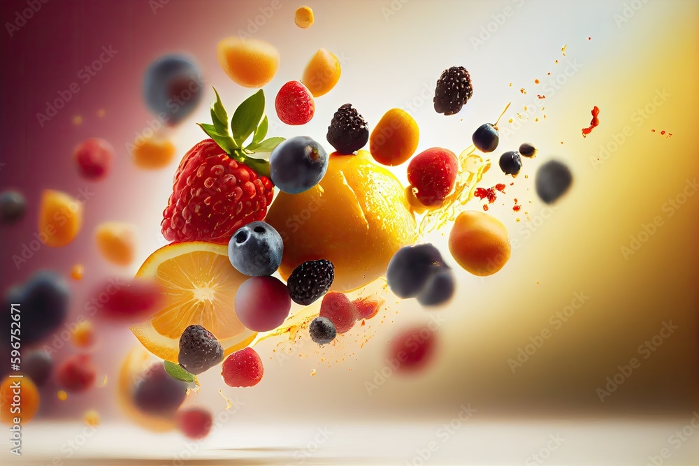 splash of summer fruits in motion, flying through the air to background ...