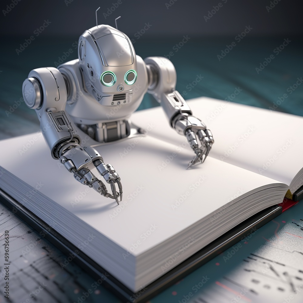 Robot writing book in realistic style on home background. Ai technology ...