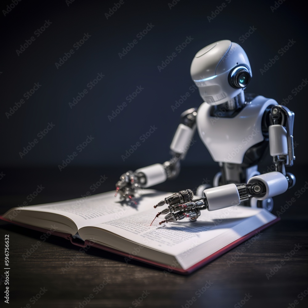 Robot writing book in realistic style on home background. Ai technology ...