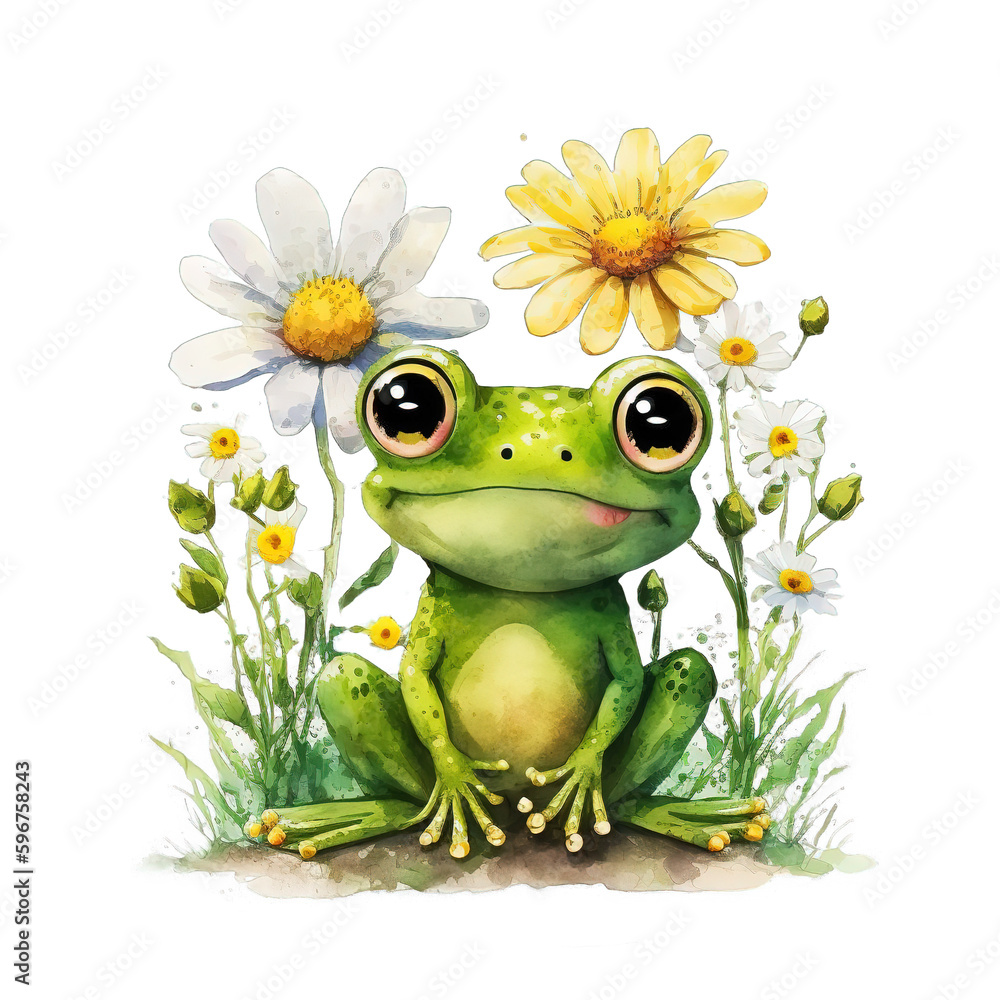 Cute little happy frog green color and big eyes with colorful flowers ...