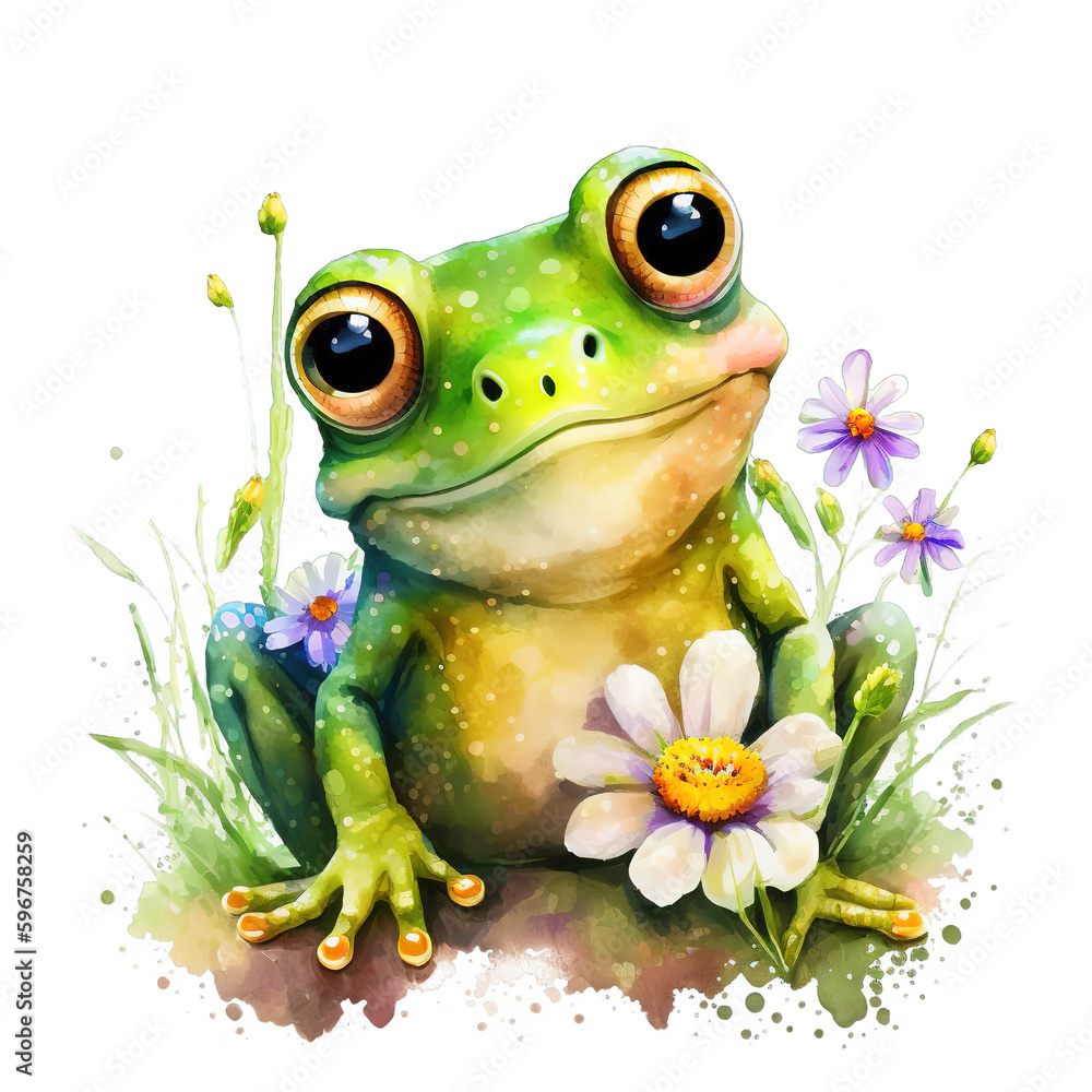 Cute little happy frog green color and big eyes with colorful flowers ...