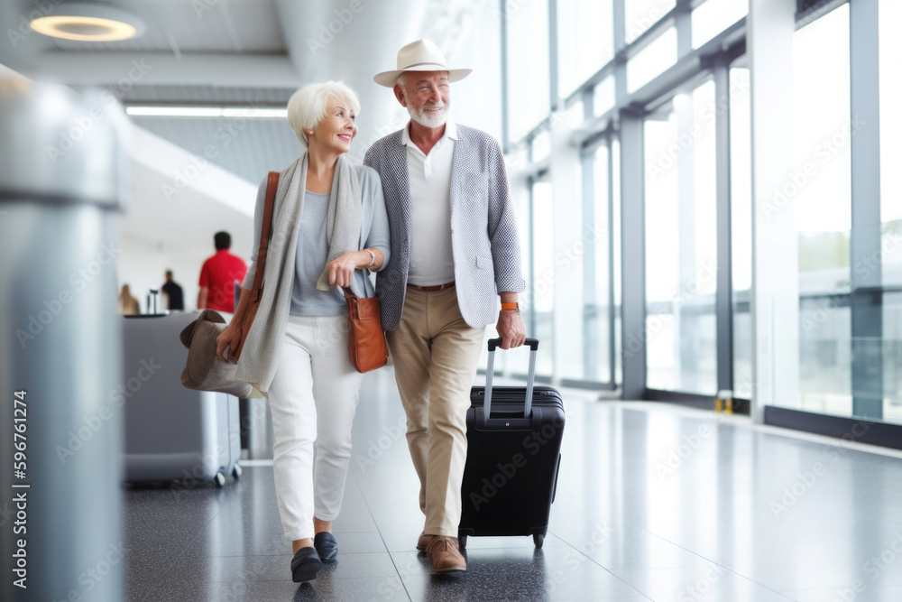Elderly couple in airport terminal travelling together. Cheerful ...