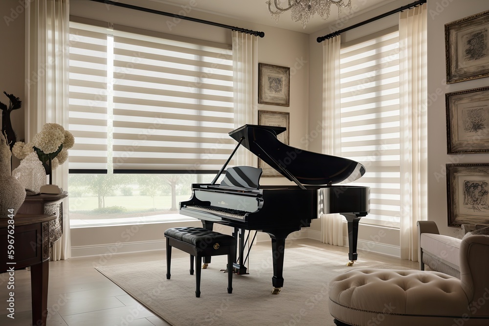 grand piano in living room with window treatment and shades that match ...