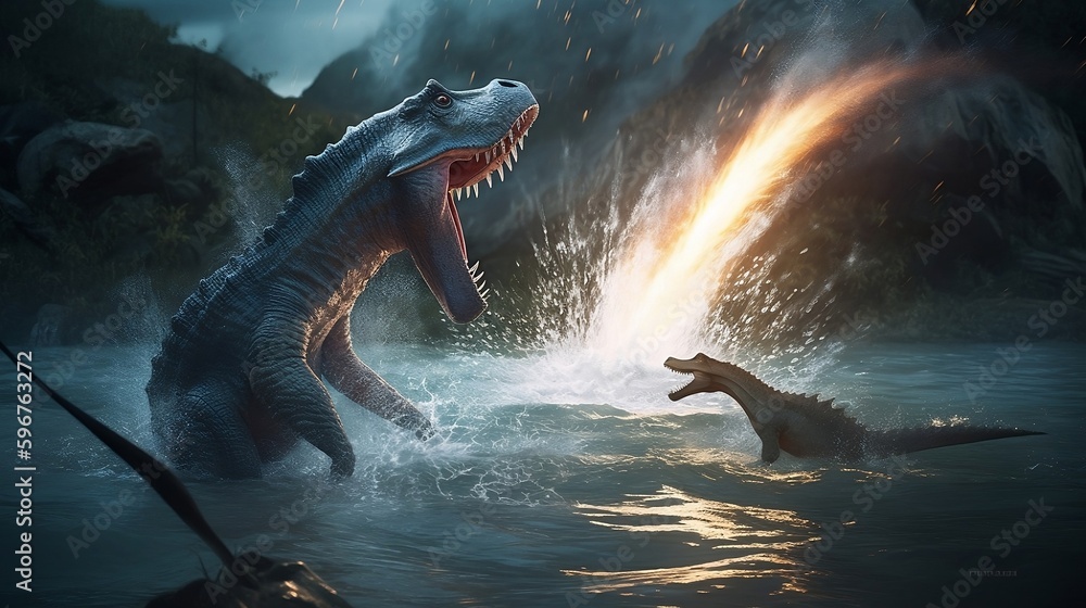 ai generated of a fire-breathing T-Rex vs a water-spouting Plesiosaur ...