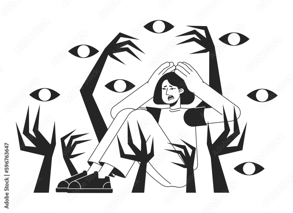 Psychosis episode bw concept vector spot illustration. Woman struggling ...