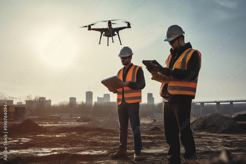 Construction engineers planning new work using drones for field ...