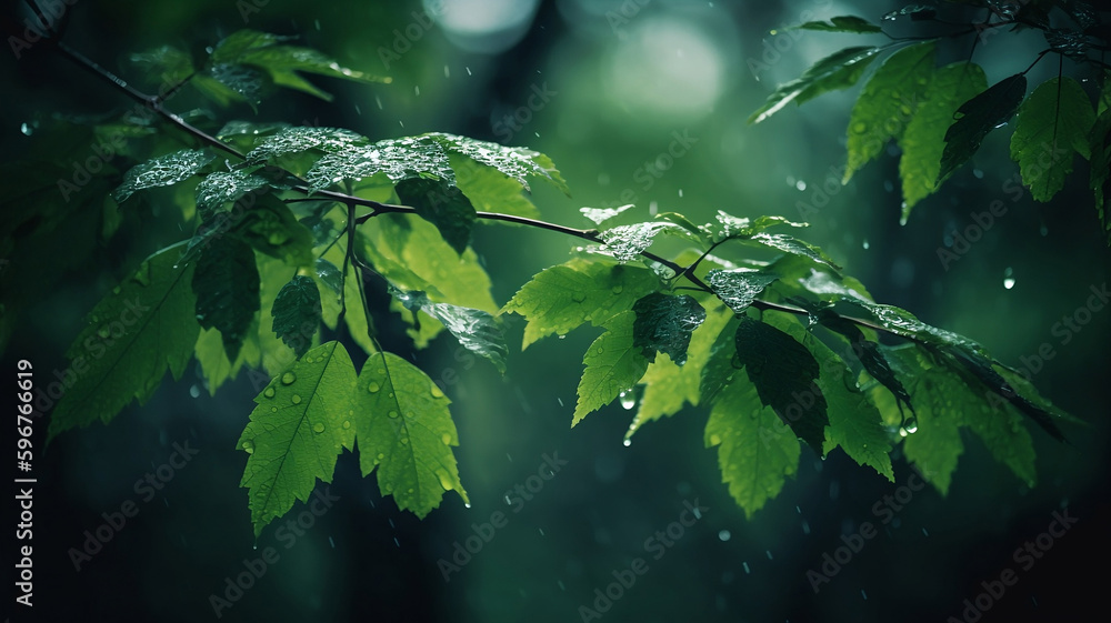 Rain falling on green leaves and branches, raindrop on leaf wallpaper ...
