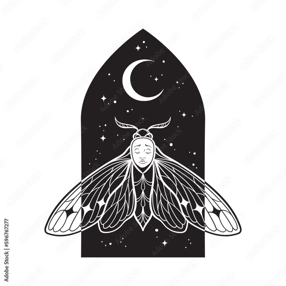 Gothic moth with face over night sky with crescent moon hand drawn line ...