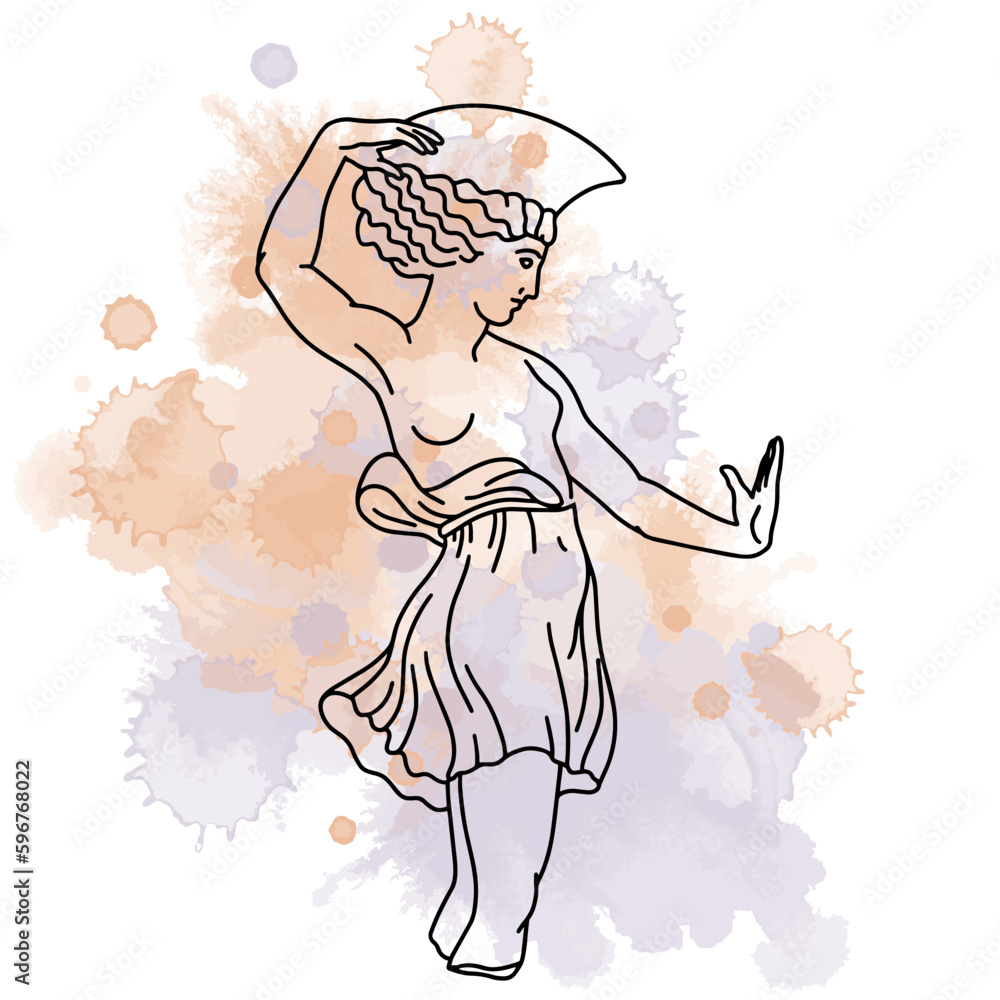 Vector illustration of antique statue of dancing girl. Line art with ...