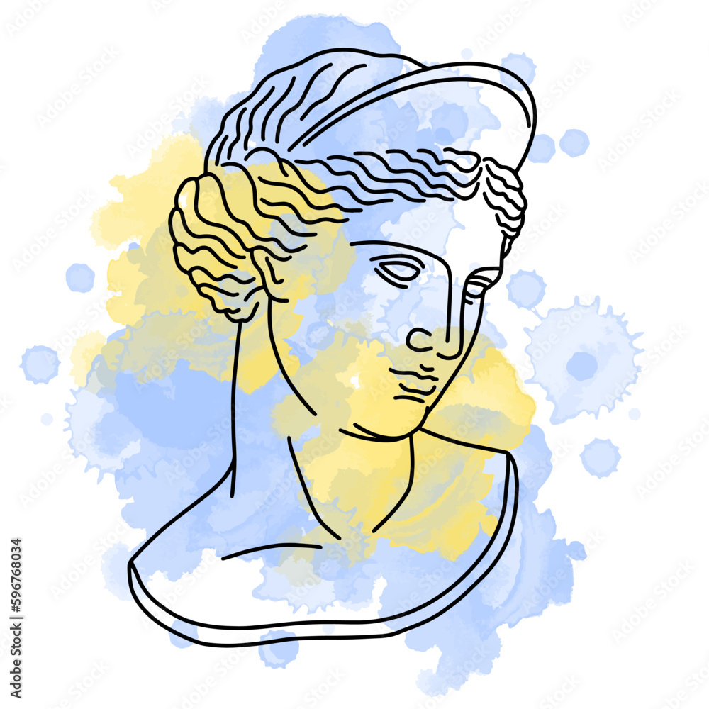 Vector illustration of classic greek sculpture of girl head, line art ...