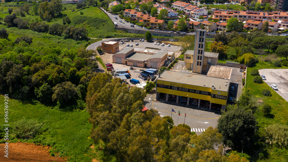 Aerial view of the fire station of Pomezia, in the metropolitan city of ...