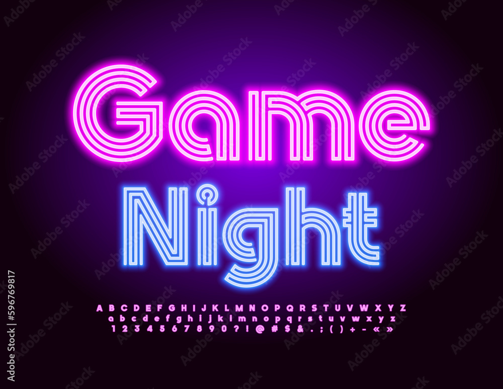 Vector glowing banner Game Night. Electric tube Font. Neon Alphabet ...