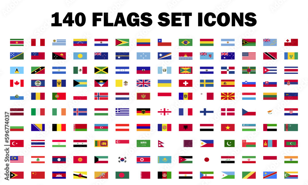 Set of 140 flags of the countries of the world, flags of various major ...