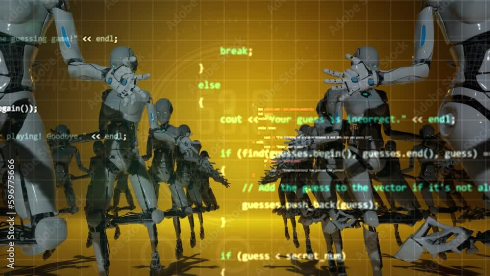 3d motion graphic render animation of female robots flying in lines ...