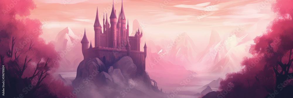 Fairy tale castle on a mountain, pink wallpaper background, widescreen ...