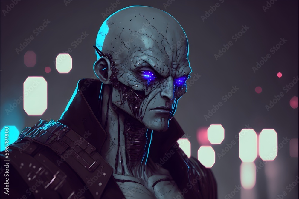 blue skinned alien male no ears cyberpunk futuristic theme neon lights ...
