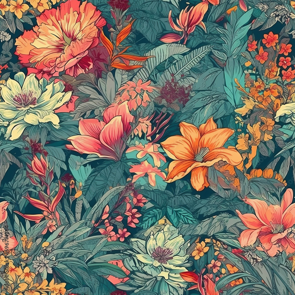 ภาพประกอบสต็อก motif floral répétitif vintage, couleurs chatoyantes de ...