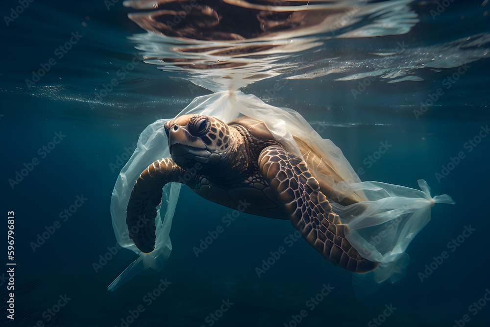 Sea turtle entangled in a plastic bag, environmental pollution ...