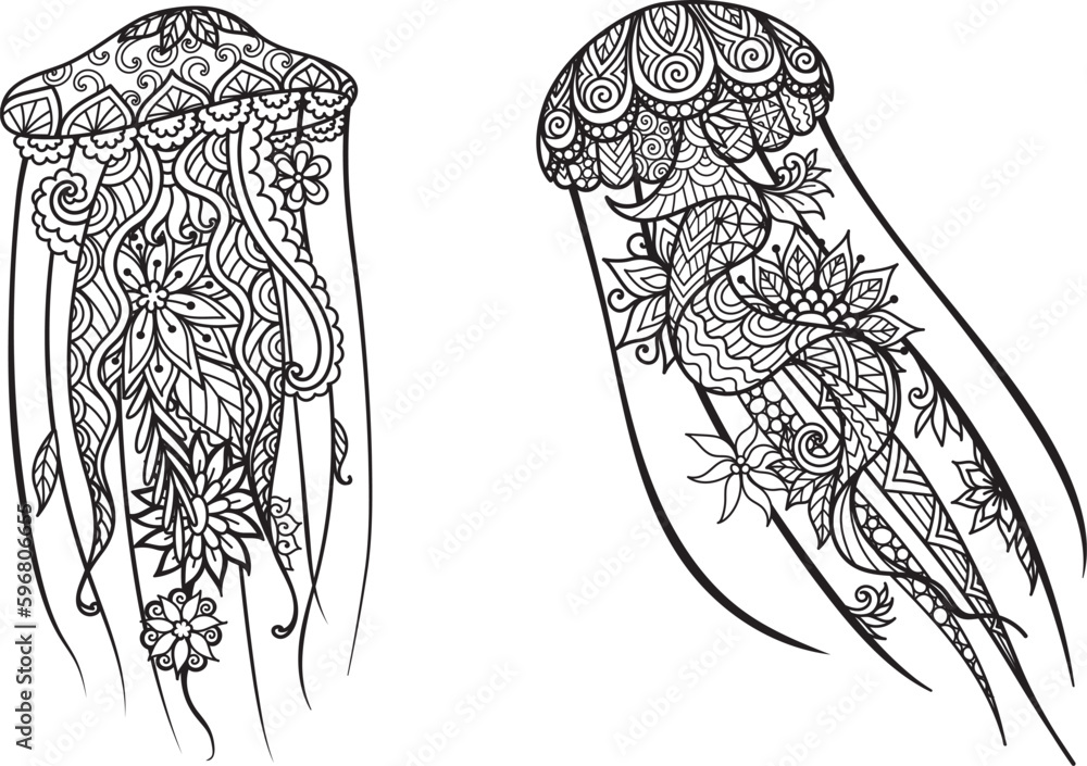 Two mandala jellyfishes for coloring page, papercut, laser cut and so ...