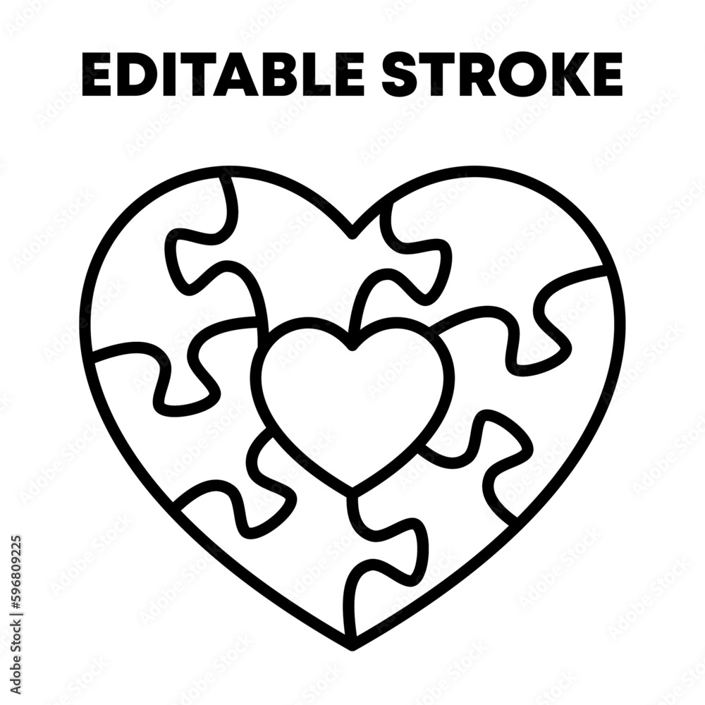 Puzzle pieces heart border frame. Editable stroke outline vector ...