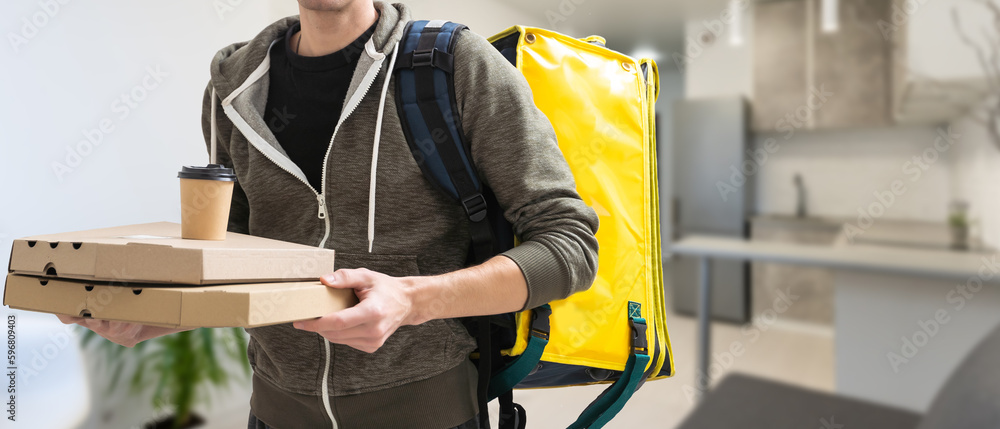 Delivery man with thermal backpack for food. Takeaway food delivery ...