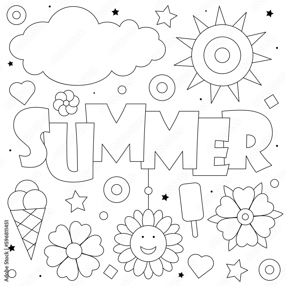 Summer. Coloring page. Vector illustration of the sun, flowers and ...