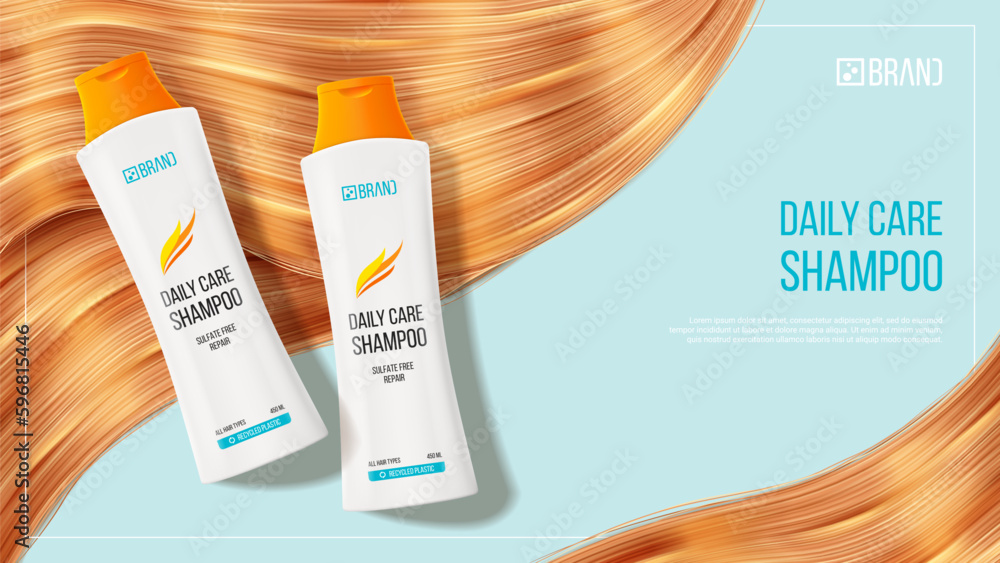 Vetor de Realistic ad banner of hair shampoo or conditioner. 3d vector ...