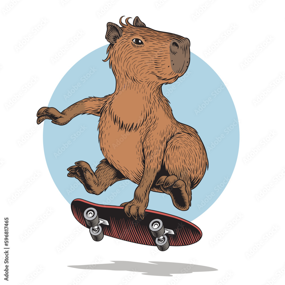 Capybara rides on skateboard. Funny cute skater. Comic style hand drawn ...