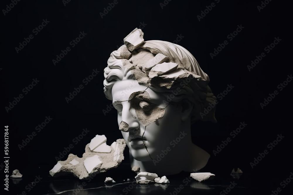 Broken ancient greek statue, destroyed marble bust, cracking sculpture ...