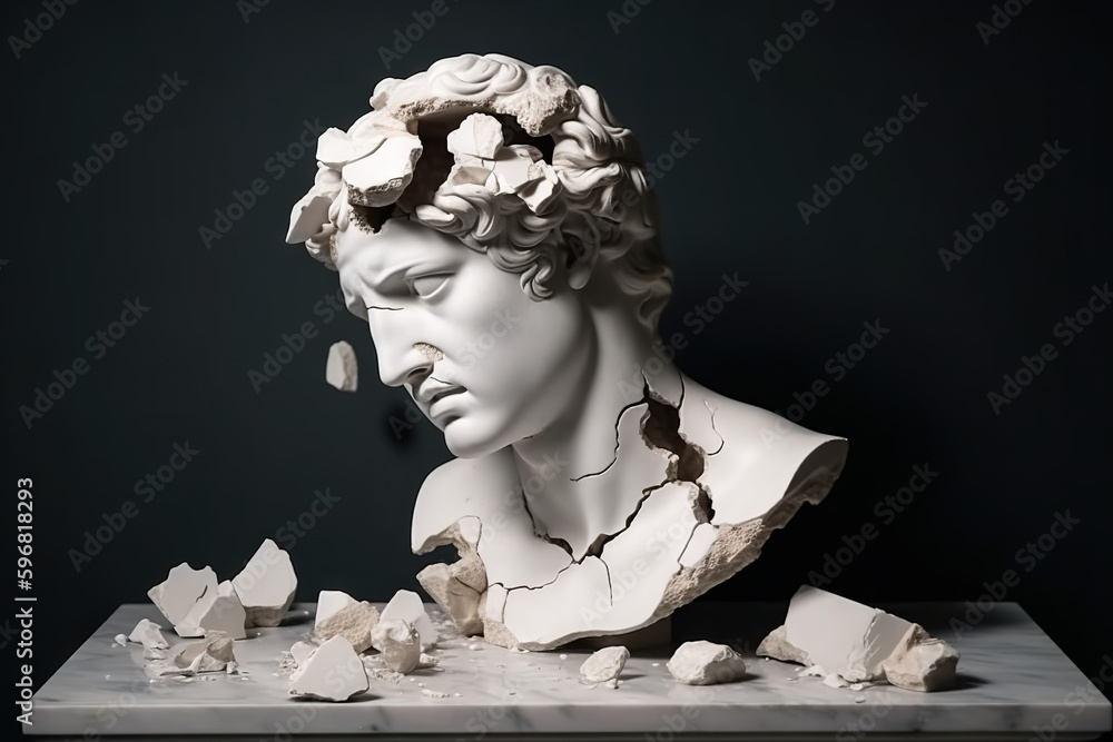 Broken ancient greek statue, destroyed marble bust, cracking sculpture ...