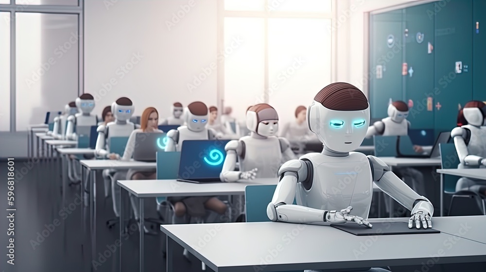 AI Robot Engaged in Classroom Learning while Sitting at Table in 8K ...