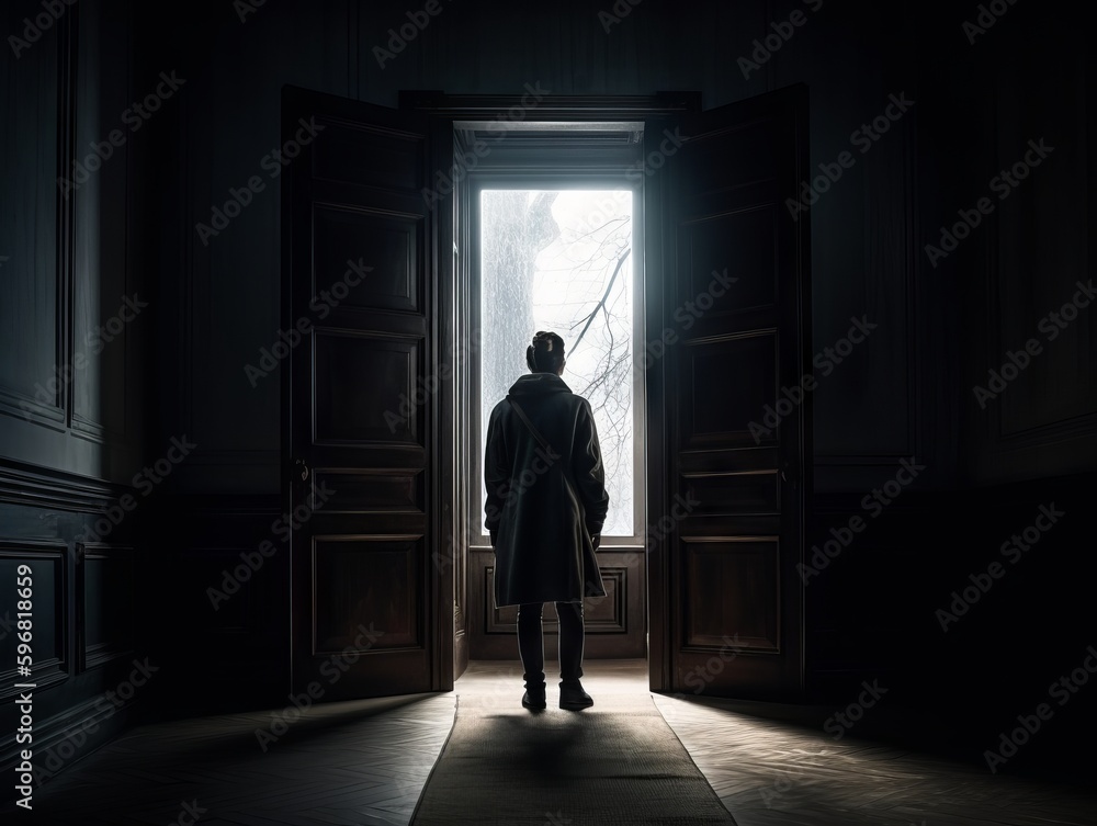 A person standing inside an open door frame, with the outside scenery ...