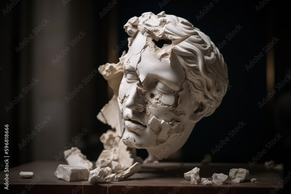 Broken ancient greek statue, destroyed marble bust, cracking sculpture ...