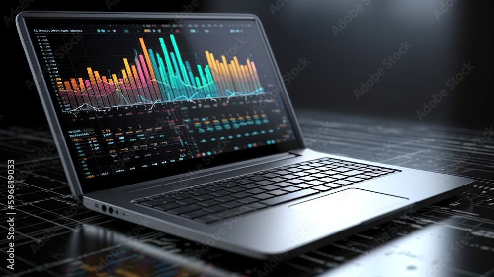 Laptop Displaying Neon Analytical Data Visualization in 8K created with ...