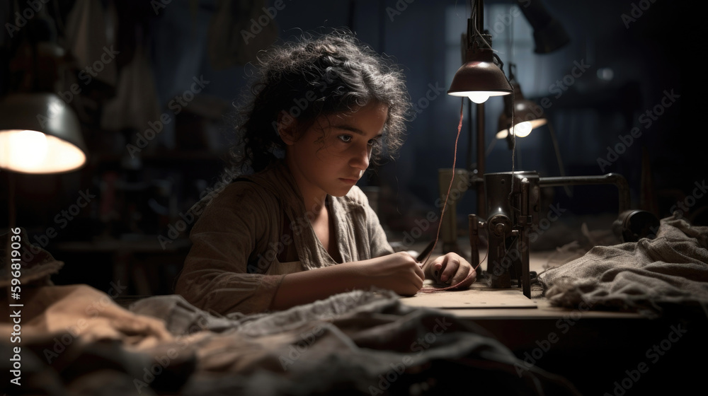 A young girl working in a sweatshop, surrounded by piles of fabric and ...