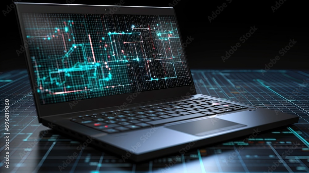 Laptop Displaying Neon Analytical Data Visualization in 8K created with ...