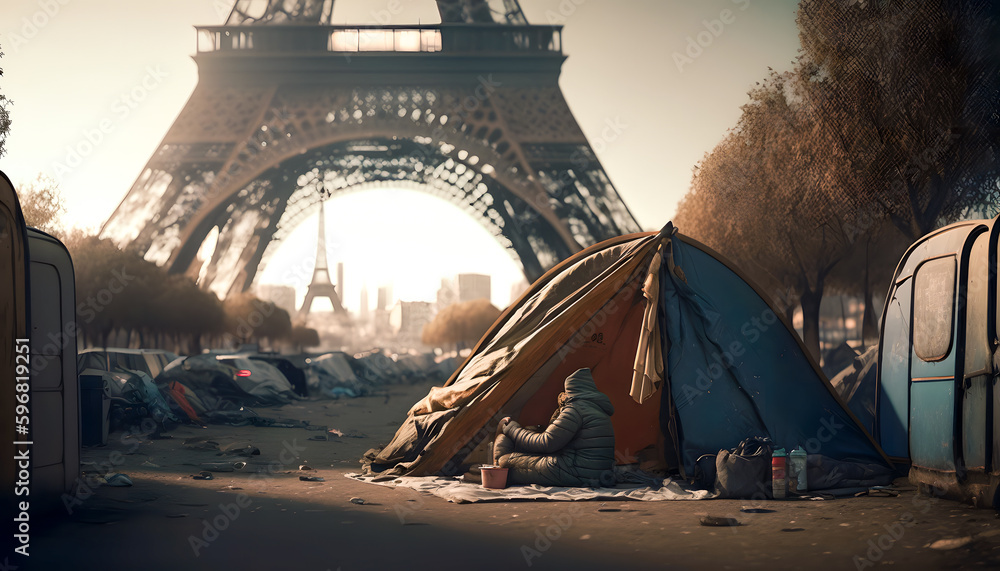 Refugee tent camp around Eiffel Tower in Paris city France, sun light ...