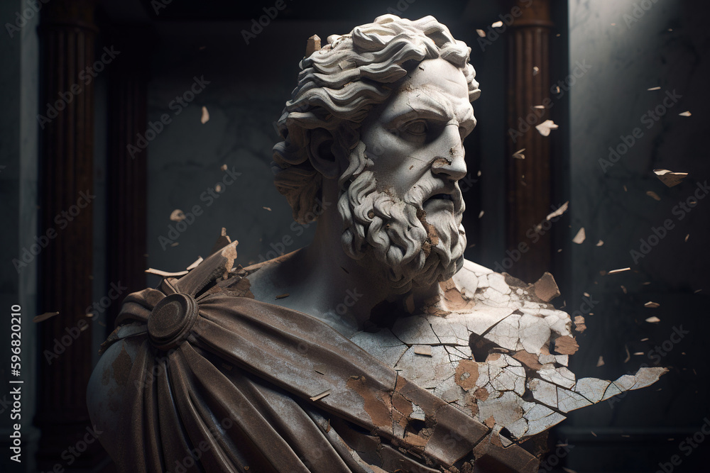 Broken ancient greek statue, destroyed marble bust, cracking sculpture ...