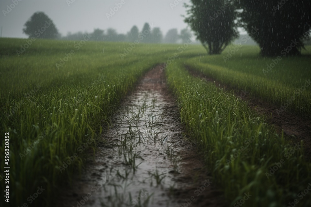 rice field during heavy rain. flooded crops. rainy weather. Created ...