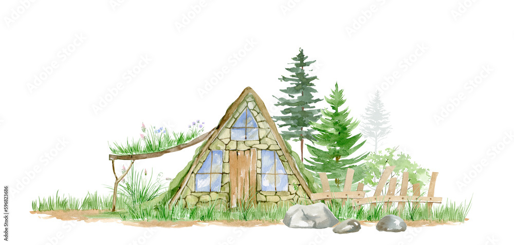 Watercolor Forest tree illustration. Mountain landscape. painting ...