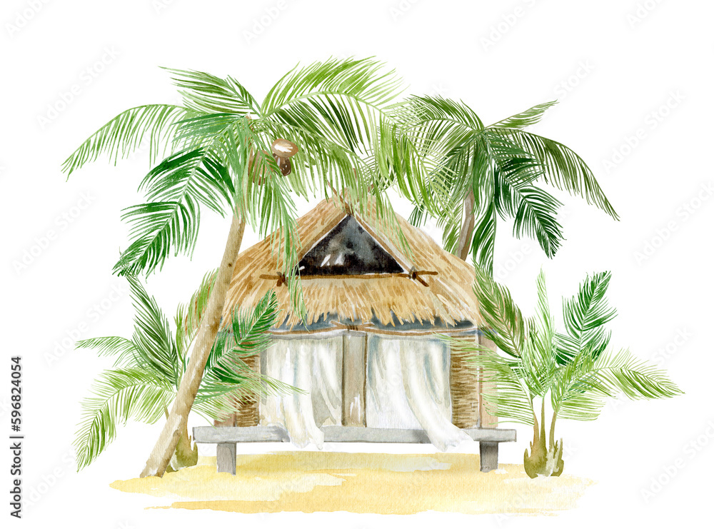 Watercolor Summer beach huts, seagulls and design s, palm beach resort ...