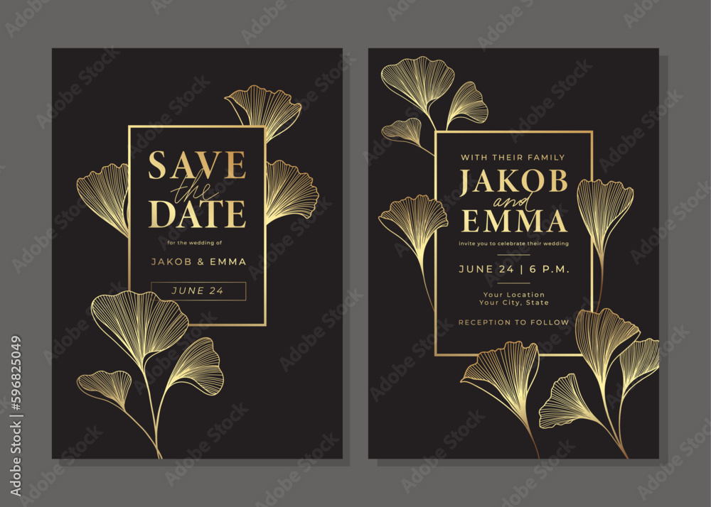 Set of luxury golden wedding invitation. Gold templates with linear ...
