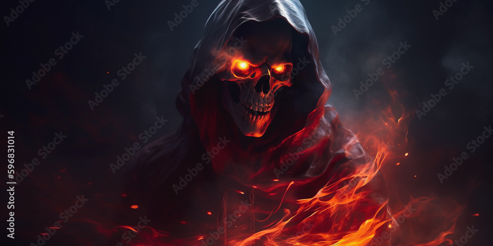 Scary grim reaper in the dark with fire and smoke. Generative AI Stock ...