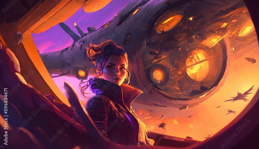 beautiful female pilot in cockpit of a futuristic spacecraft huge alien ...