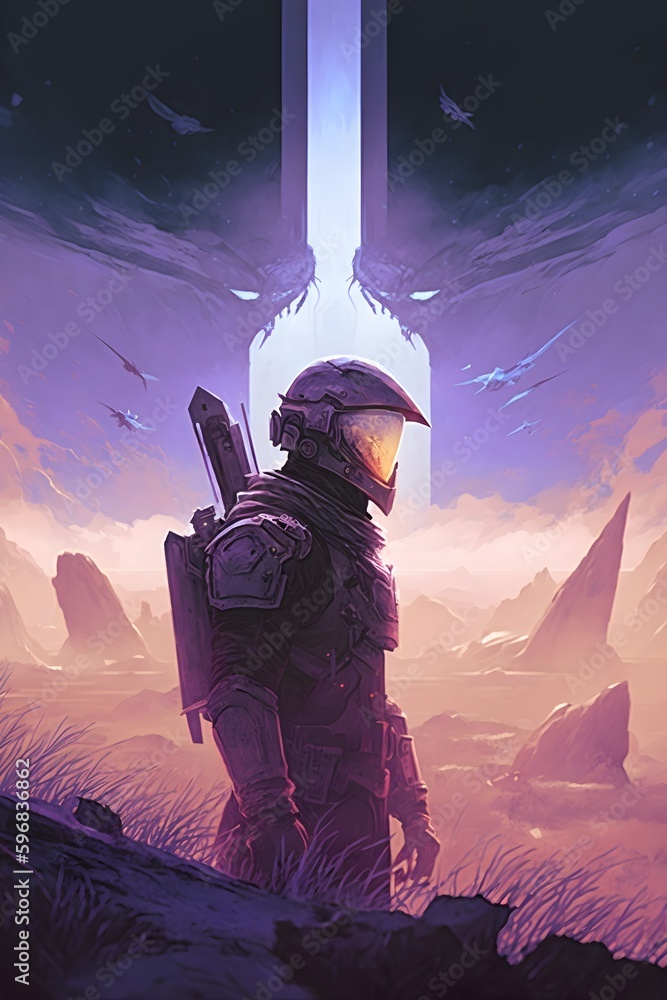 astronaut in a tall alien purple grass field face portrait young male ...