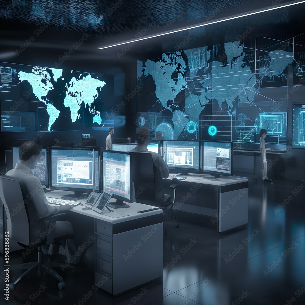 Cybersecurity Operations Center With Security Analysts Monitoring Network Traffic And Security