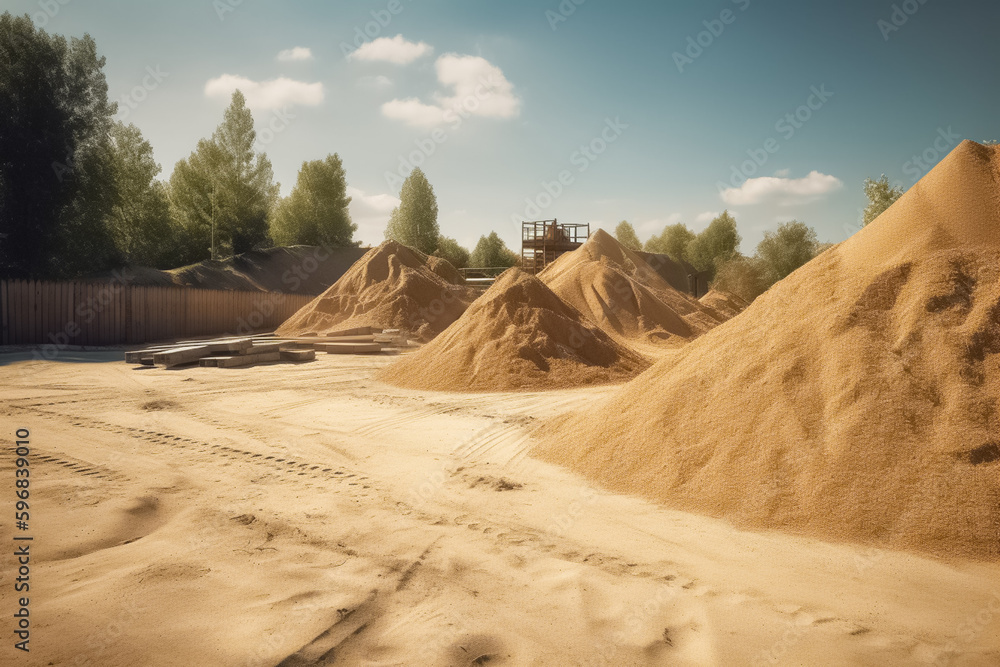 Large piles of sand and gravel near the entrance to the construction ...
