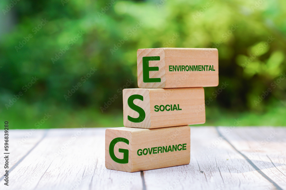 Words ESG on a wood block on soil natural green background. ESG concept ...