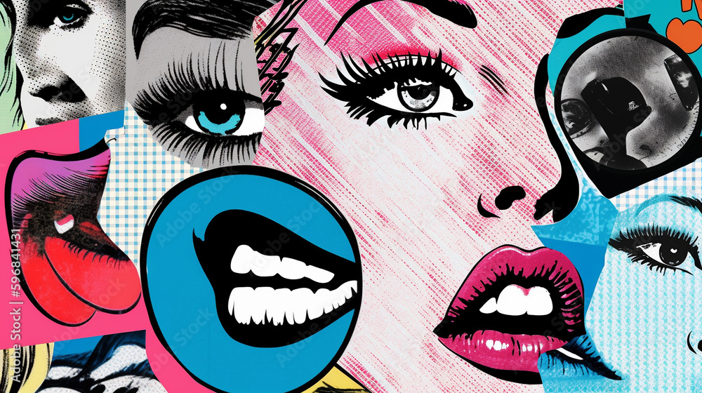 Pop art illustration showing female face with animated mouth and ...
